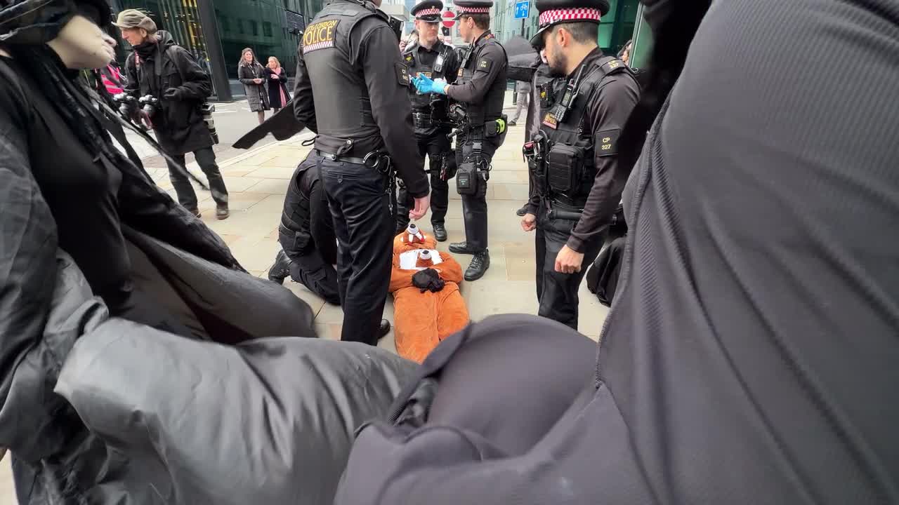 Extinction Rebellion stage protest in London opposing Farnborough ...