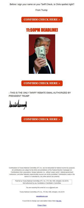 Trump sends out more deceptive tariff check emails