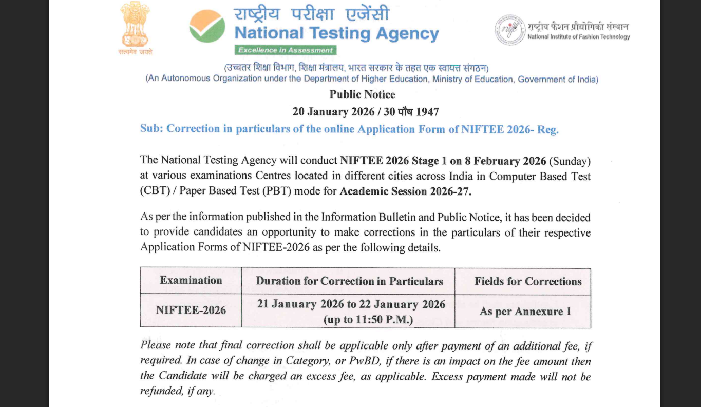 NTA postpones NIFTEE 2026 Stage 1 application correction window: Check ...