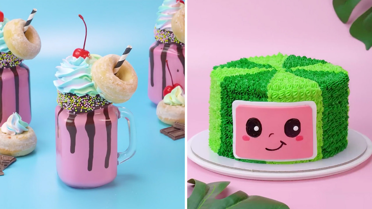 Pink dessert jar with cute green cake