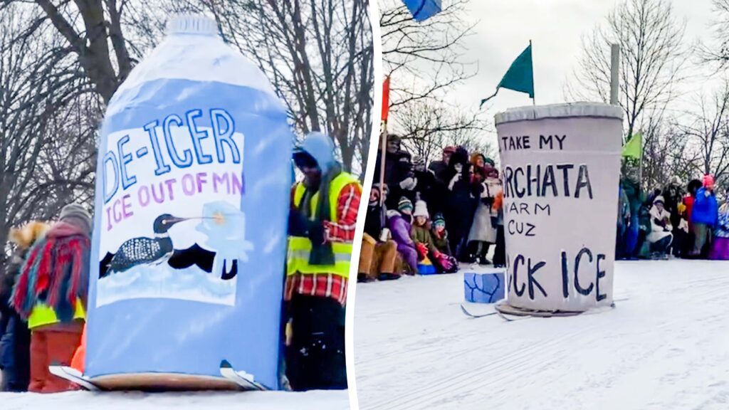Anti-ICE protestors use annual sled art event to hit out at Trump