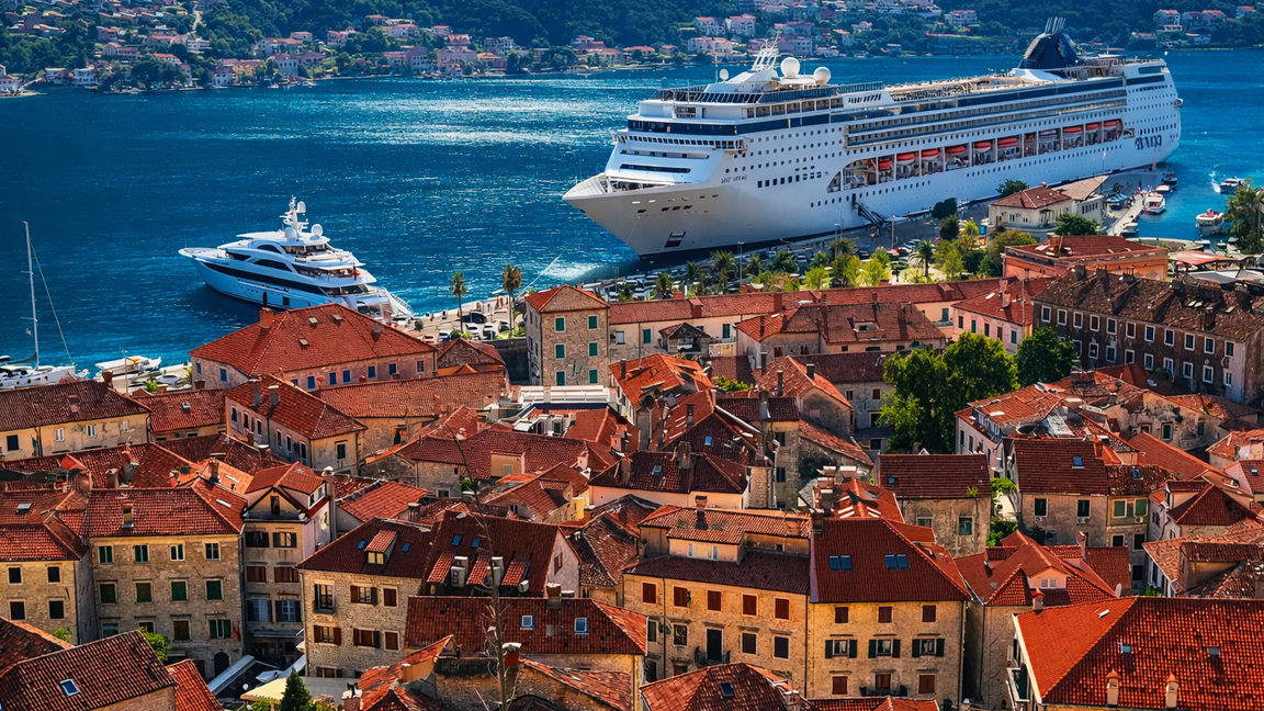 Crucero atracado en un pintoresco casco antiguo