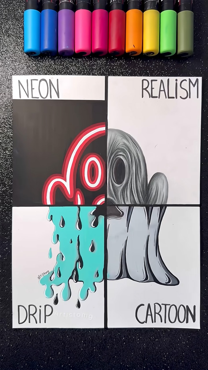 Funny ghost drawing in 4 different styles