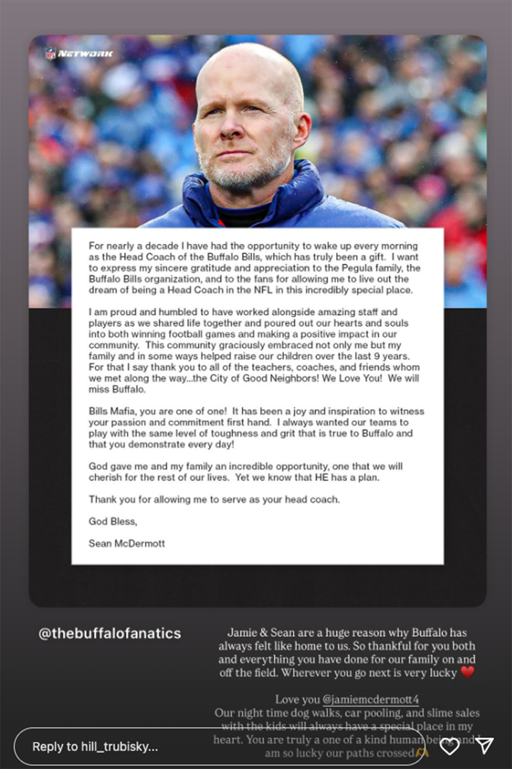 Bills WAG posts emotional message to Sean McDermott’s family after ...