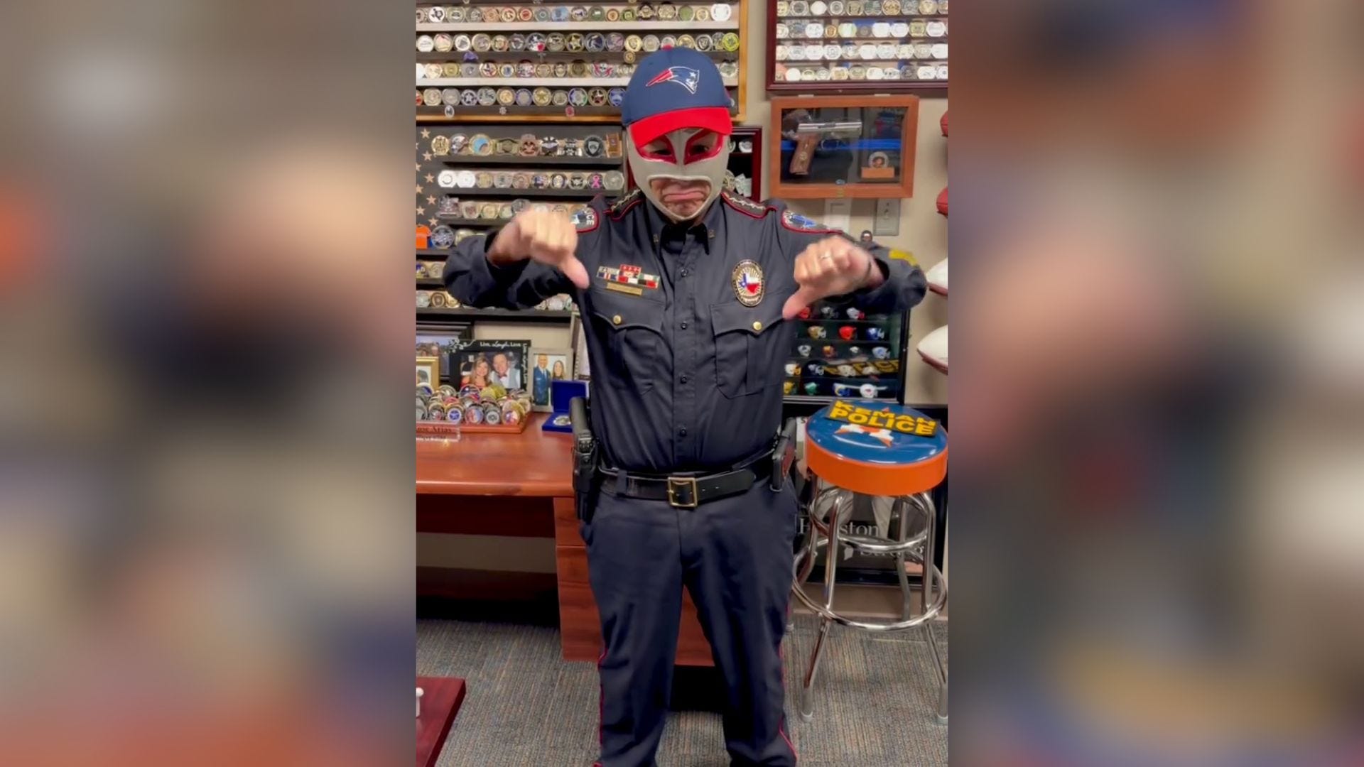 Kemah police chief honors wager with Rochester, dons Patriots gear ...