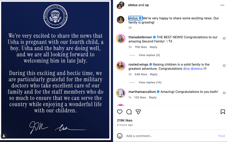 Second Lady Usha Vance announces pregnancy with baby #4