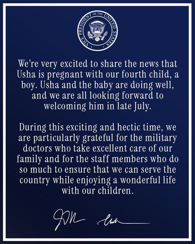 Second lady Usha Vance pregnant with 4th child, due in July, couple ...