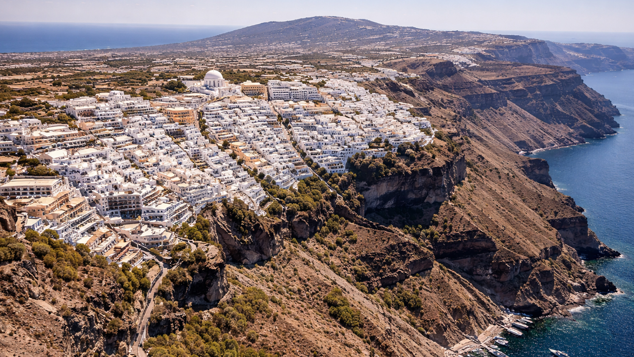 Cascading white homes over the cliffs of Santorini