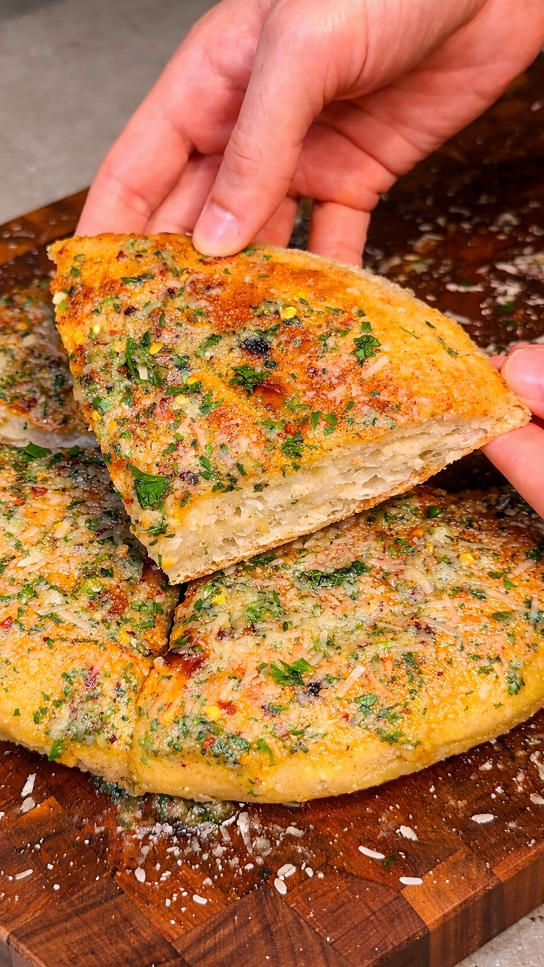 Cooking pan-fried vegan focaccia with garlic butter