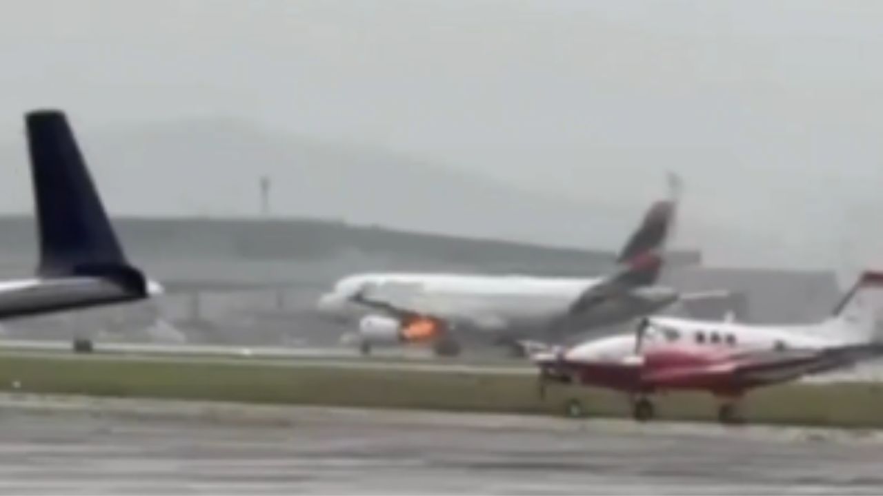 Video: Plane engine catches fire at an airport in Brazil during takeoff ...