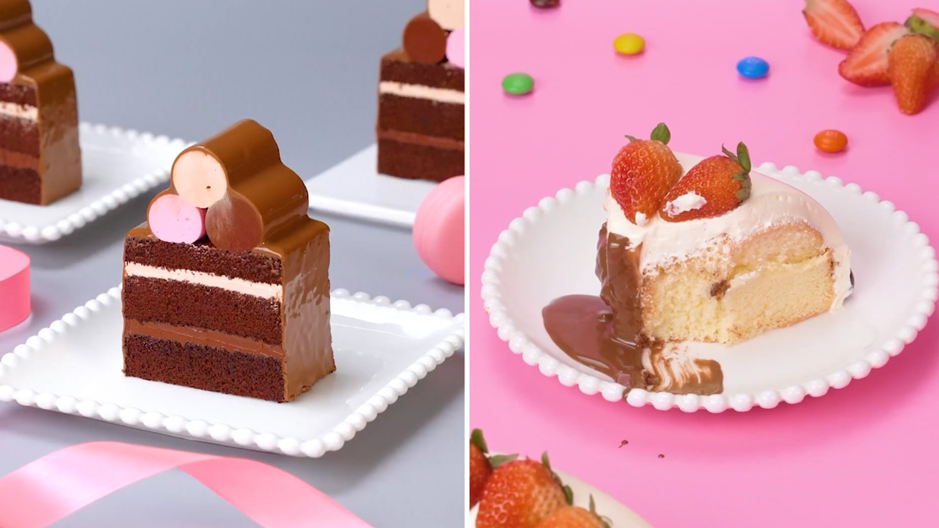 A chocolate layer cake next to a creamy strawberry slice