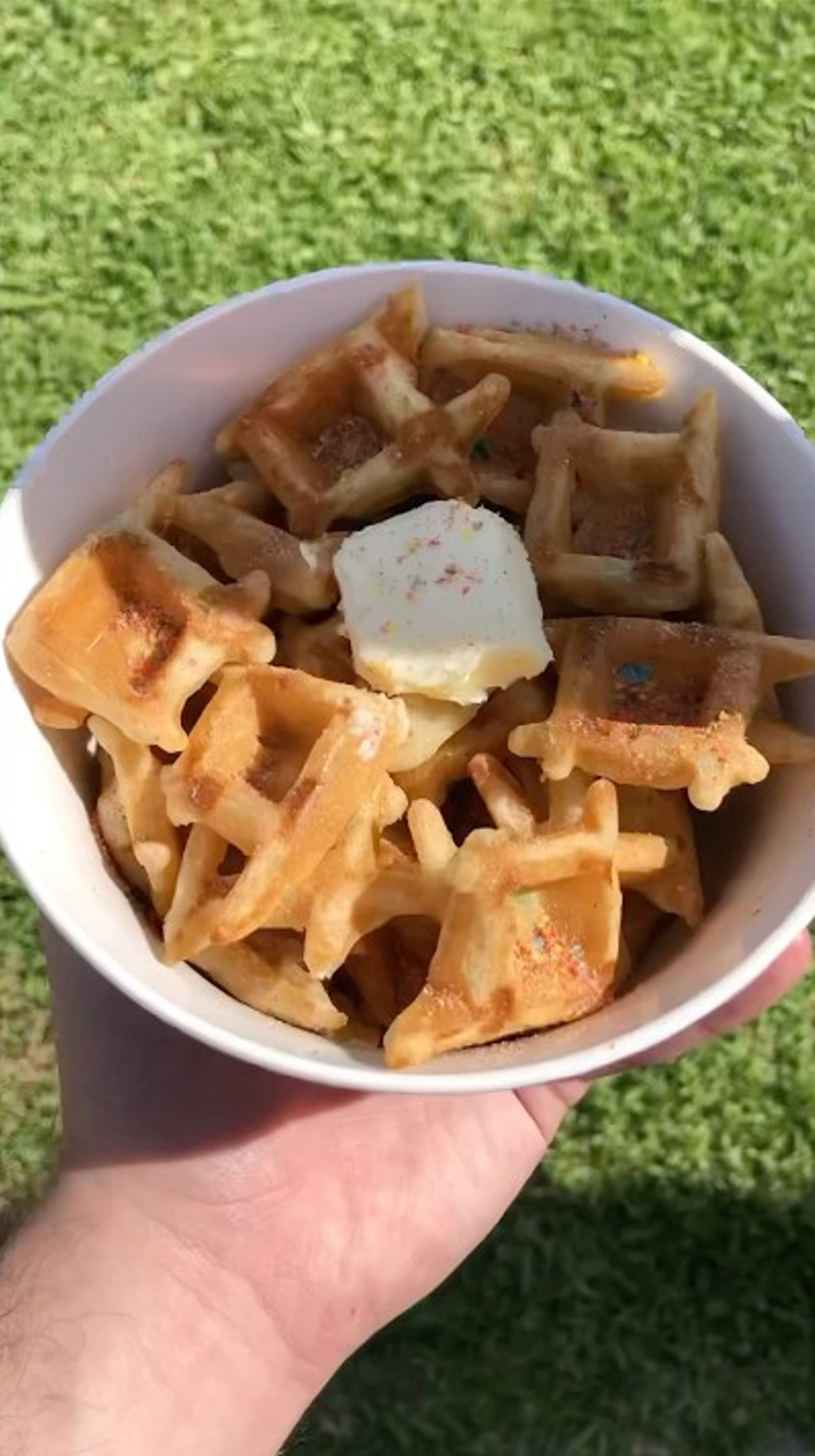 Fruity Pebble mini waffles with syrup