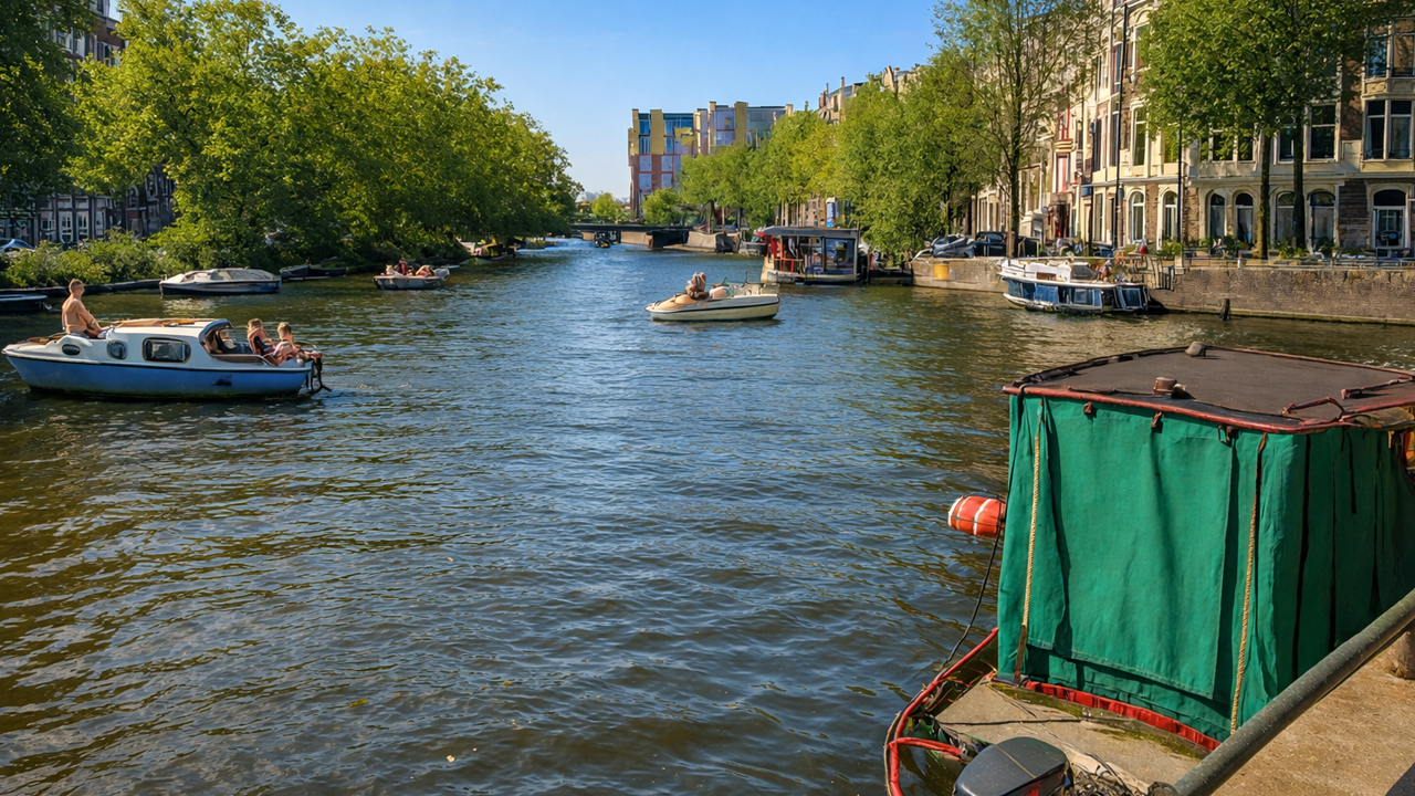 Båter slapper av på en solfylt kanal i Amsterdam