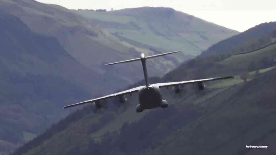 A blue note-like A400M flyby deep inside the Mach Loop