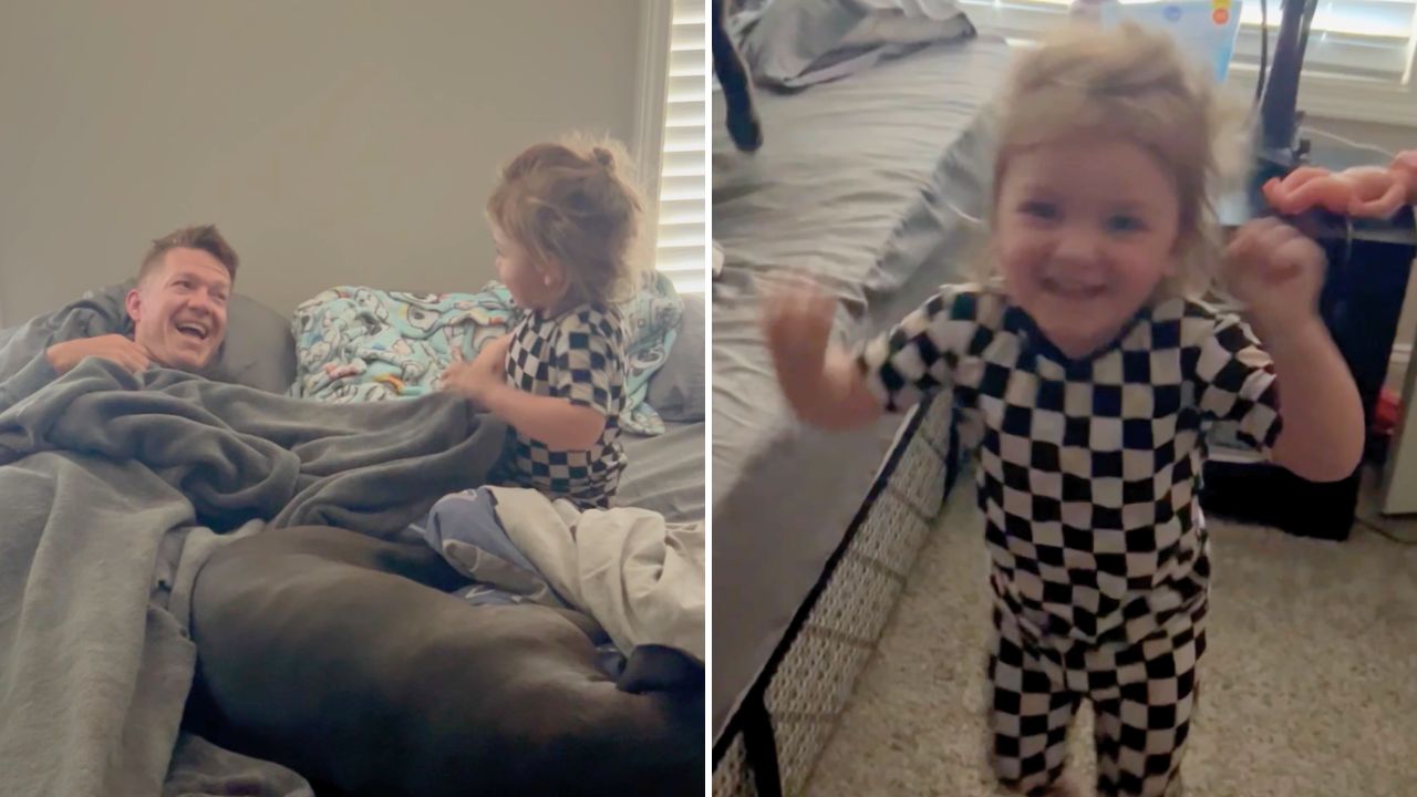 Daughter jumps for joy when she realizes soldier dad has returned home ...