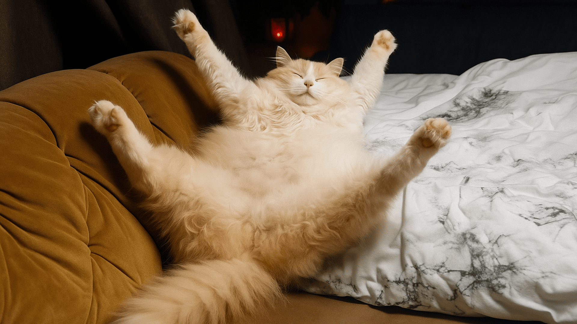 Cat sleeps like he paid all the bills