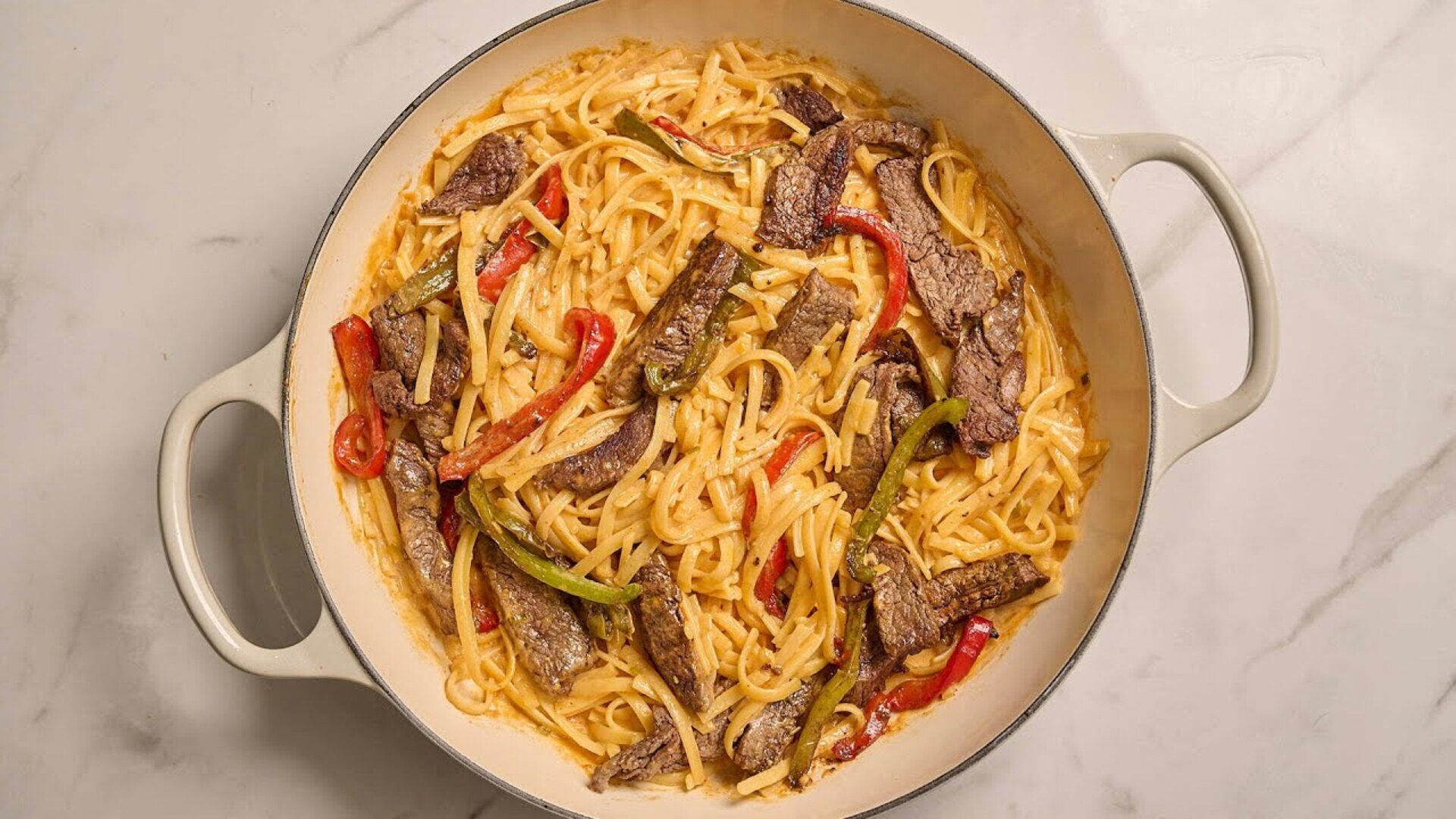 Pepper steak Alfredo pasta recipe