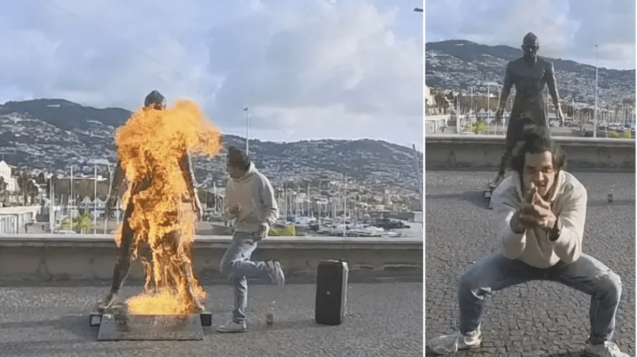 Cristiano Ronaldo statue set on fire in bizarre video as police make arrest