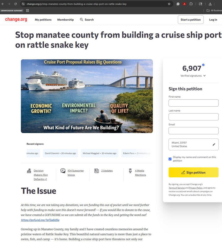 Petition opposes cruise ship port development at Terra Ceia