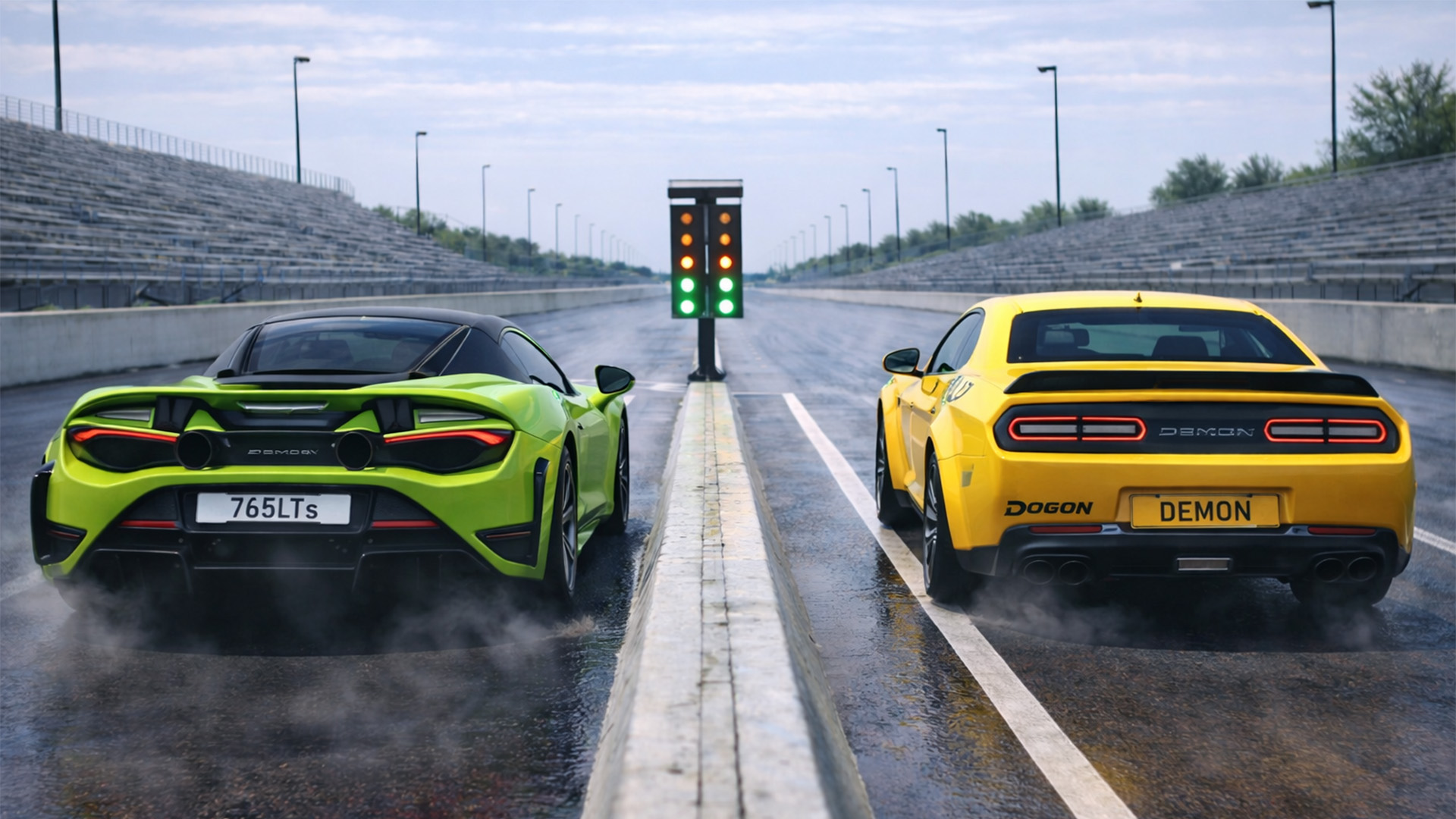 McLaren 765LT vs 1,200HP and stock Dodge Demon drag race