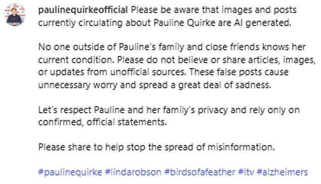 Pauline Quirke's family hit out at fake AI images of actress for ...