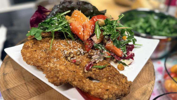 Olivia's prepares chicken Milanese and a blueberry banana pancake cocktail