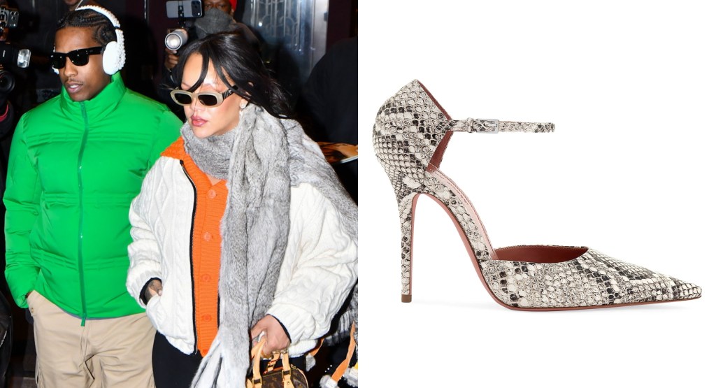 Rihanna returns to form in Amina Muaddi snakeskin heels while out with ...