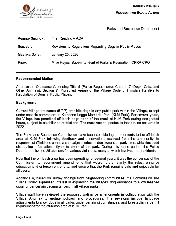 Hinsdale may lift dog ban in local parks