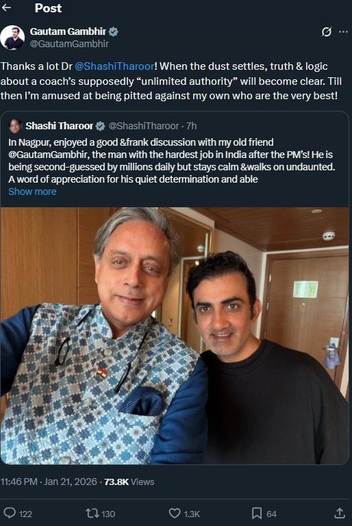 Gautam Gambhir reacts to Tharoor's PM Modi post, says pitted against ...