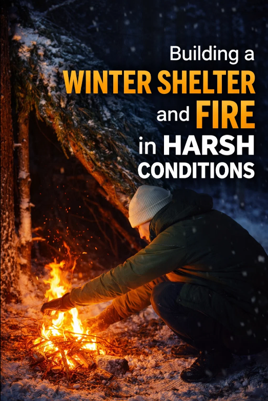 Building a winter shelter and fire in harsh conditions