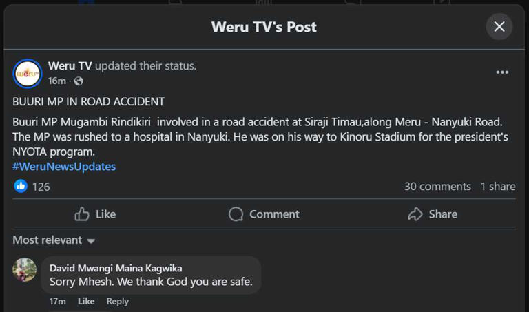 Mugambi Rindikiri: Meru MP involved in tragic morning crash