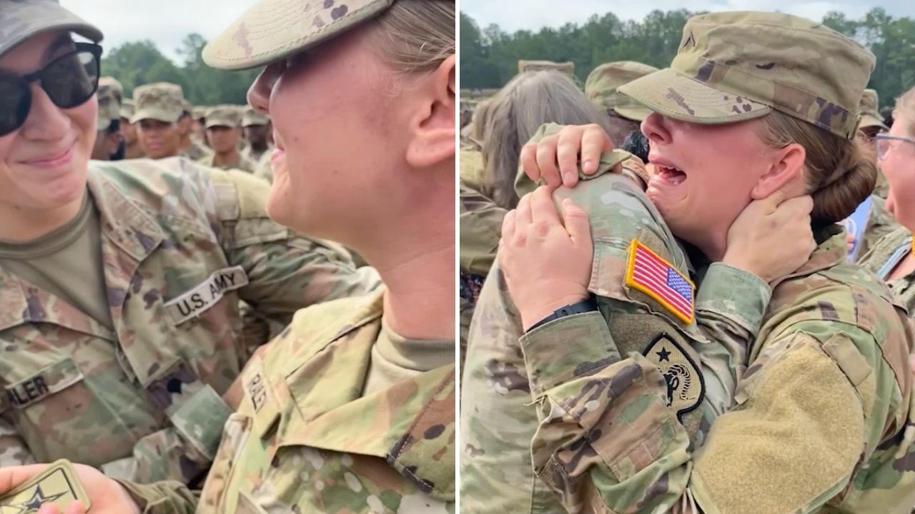Graduating soldier cries when sister returns from deployment to tap her ...
