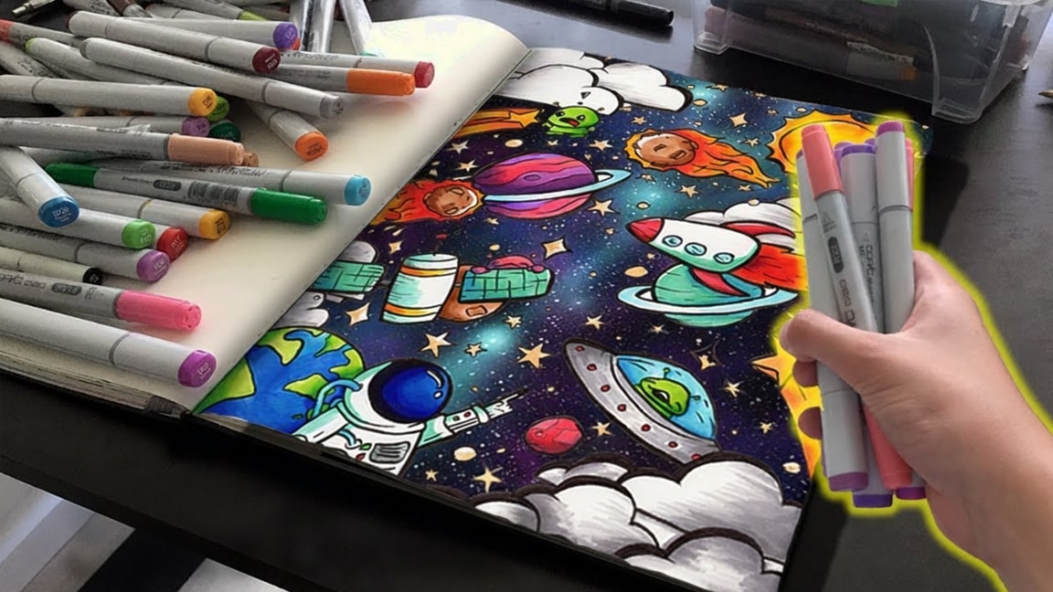 Colorful space illustration created with markers