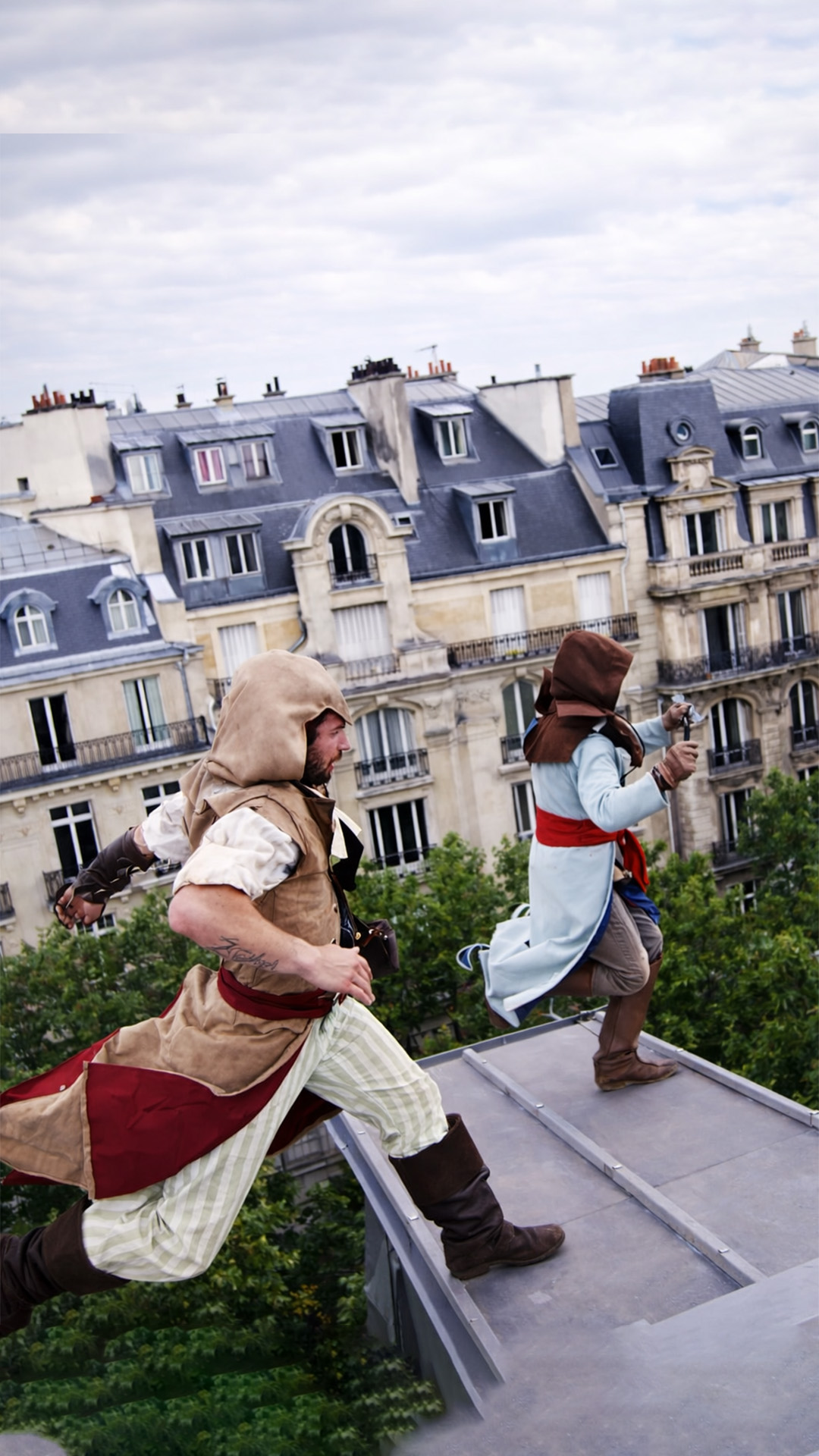 Assassin running across Paris rooftops