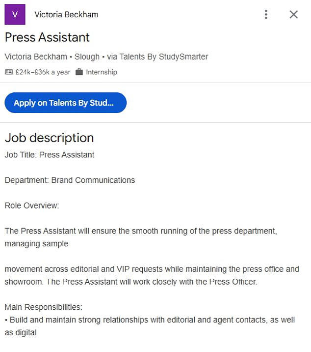 Victoria Beckham advertises for press assistant and social media intern ...