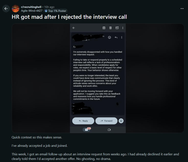 Man shares how HR lashed out after he declined interview to accept ...