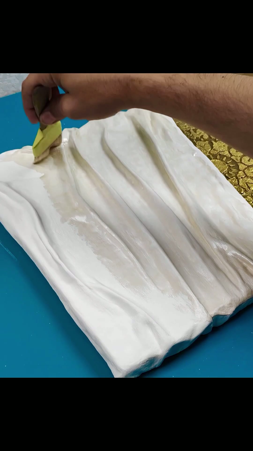 Elegant mixed media canvas art: textured fabric & gold embossed techniques