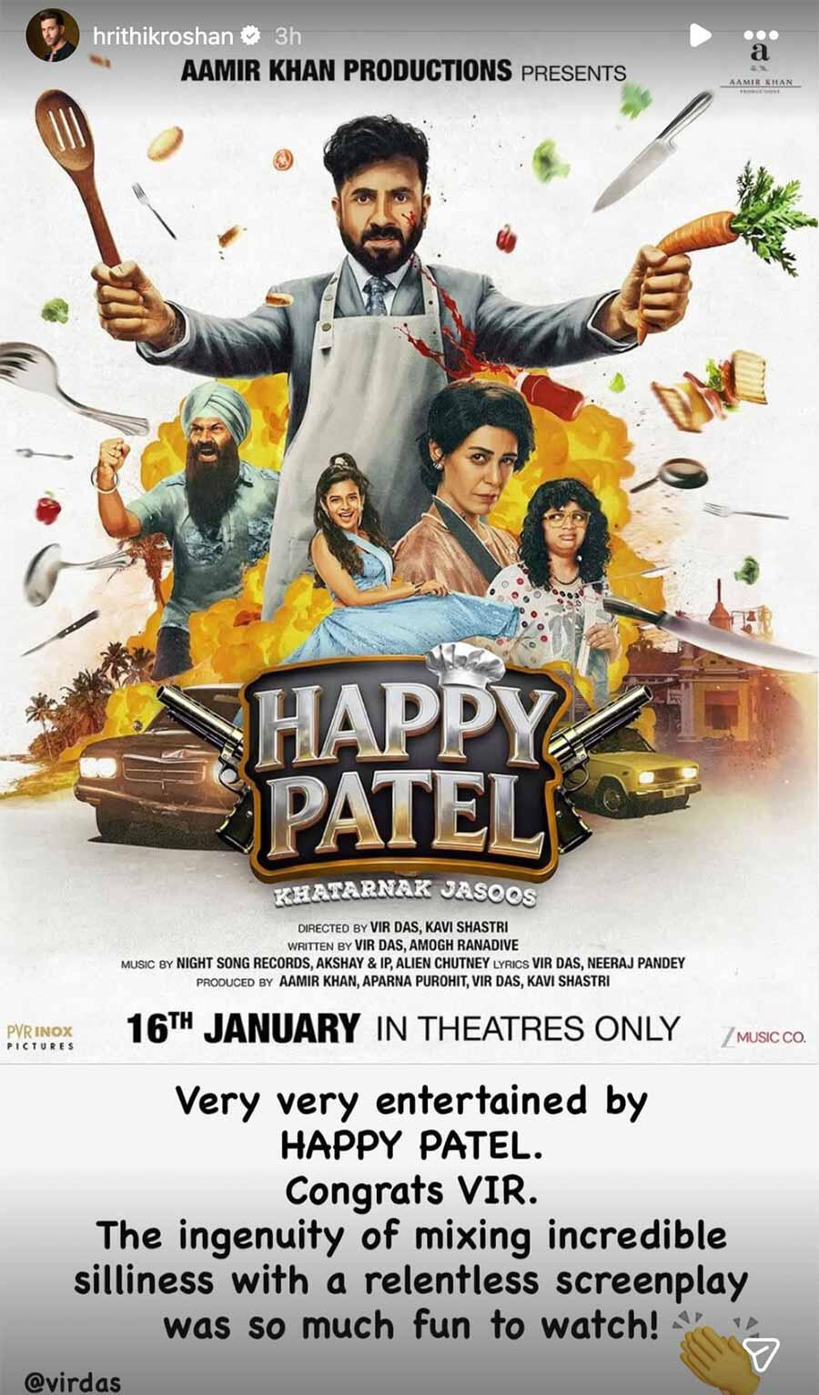 Hrithik Roshan praises Vir Das' Happy Patel, calls it fun to watch