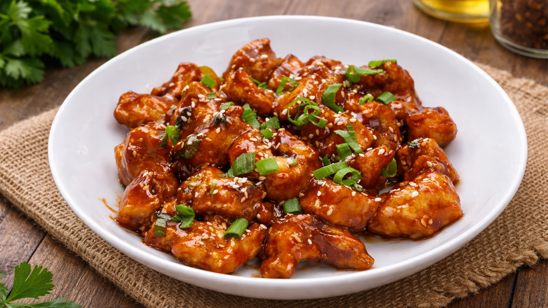 Sesame chicken with a sticky honey glaze
