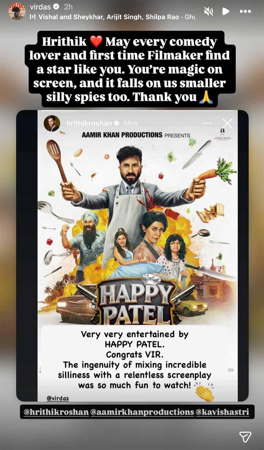Hrithik Roshan praises Vir Das' Happy Patel, calls it fun to watch