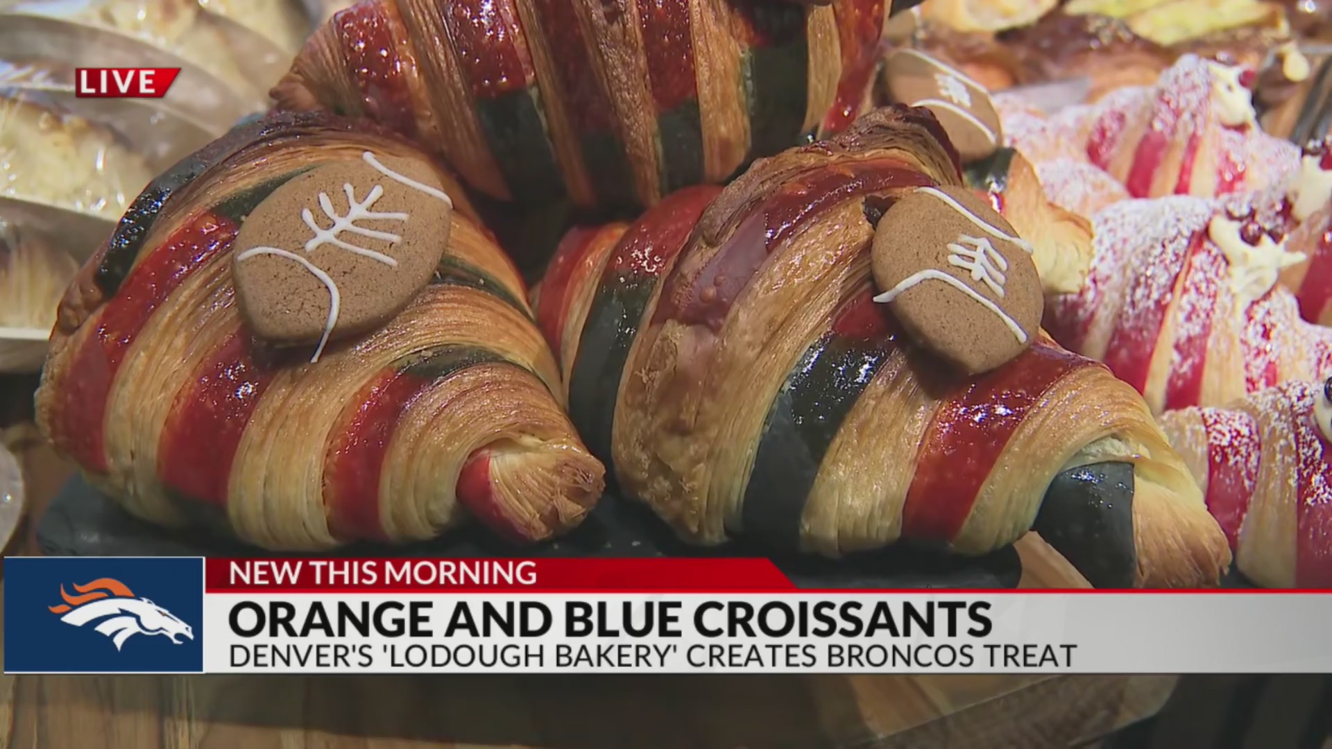 Orange and blue Denver Broncos themed croissants