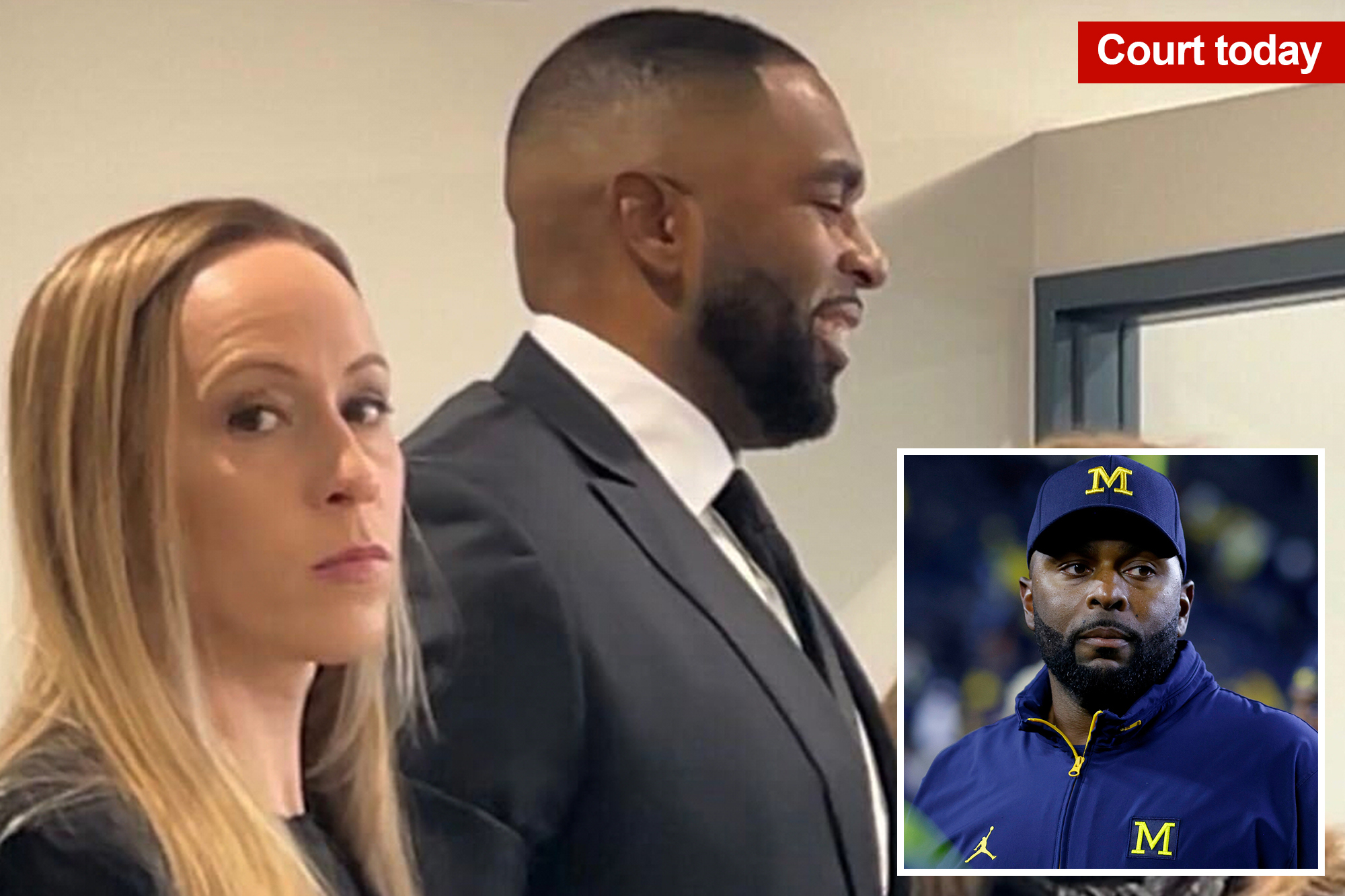 Disgraced Michigan coach Sherrone Moore yuks it up in court as wife ...
