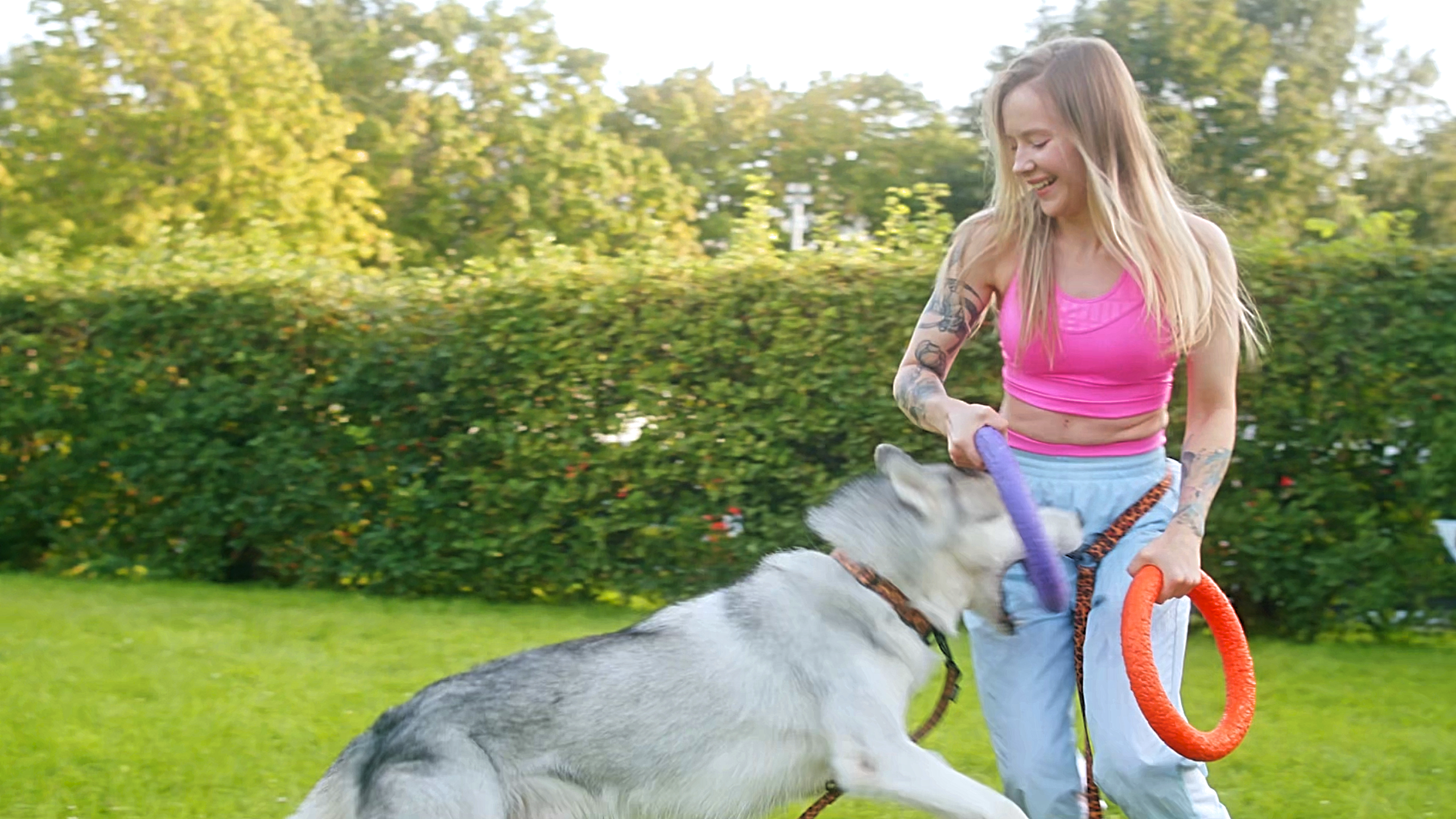 Een meisje speelt met haar hond in een energetische sfeer