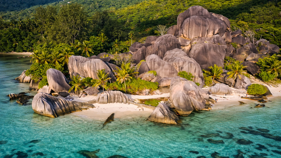 Peaceful beach surrounded by nature and rock shapes