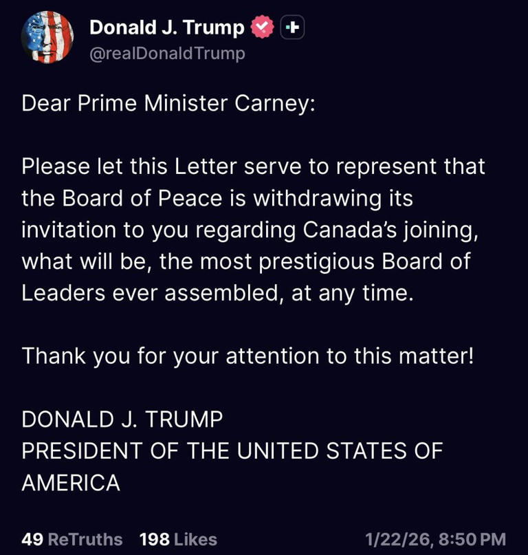 Davos 2026: Trump withdraws Canada's Board of Peace invite after Carney ...