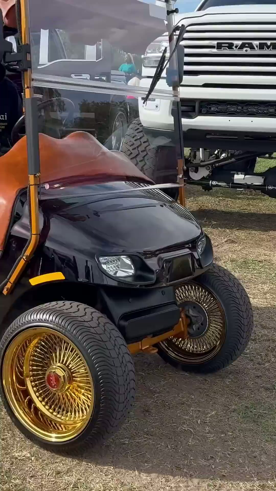 Bro’s Custom Golf Cart on Gold Wire Wheels at the Carshow