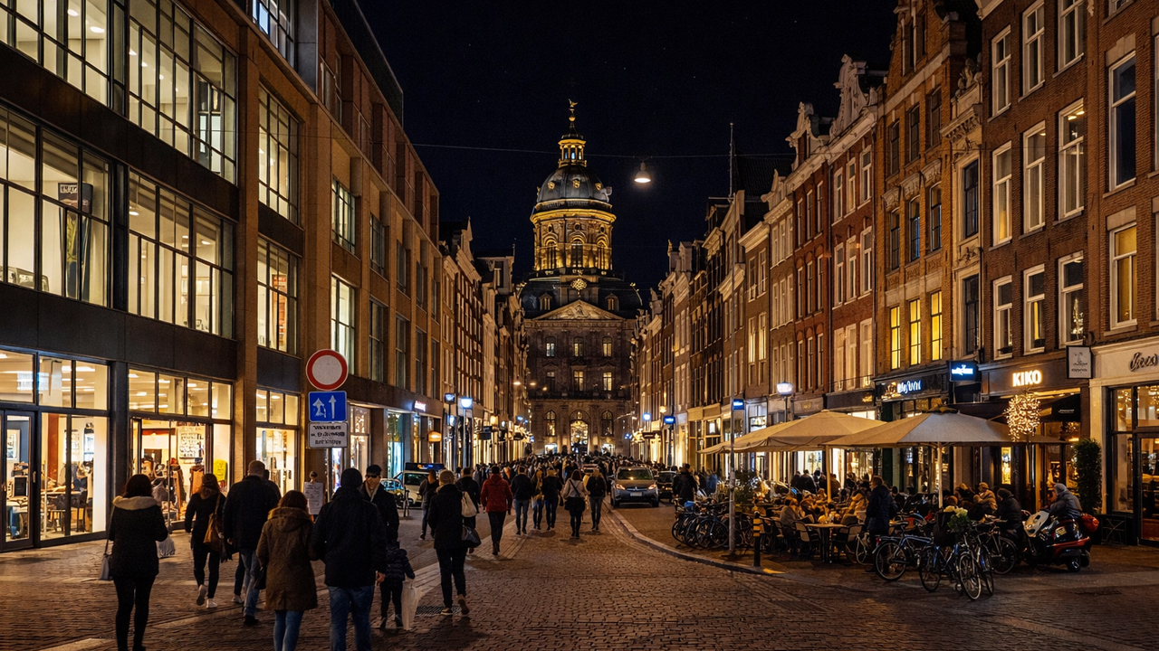 Paseo nocturno por las calles iluminadas de Ámsterdam