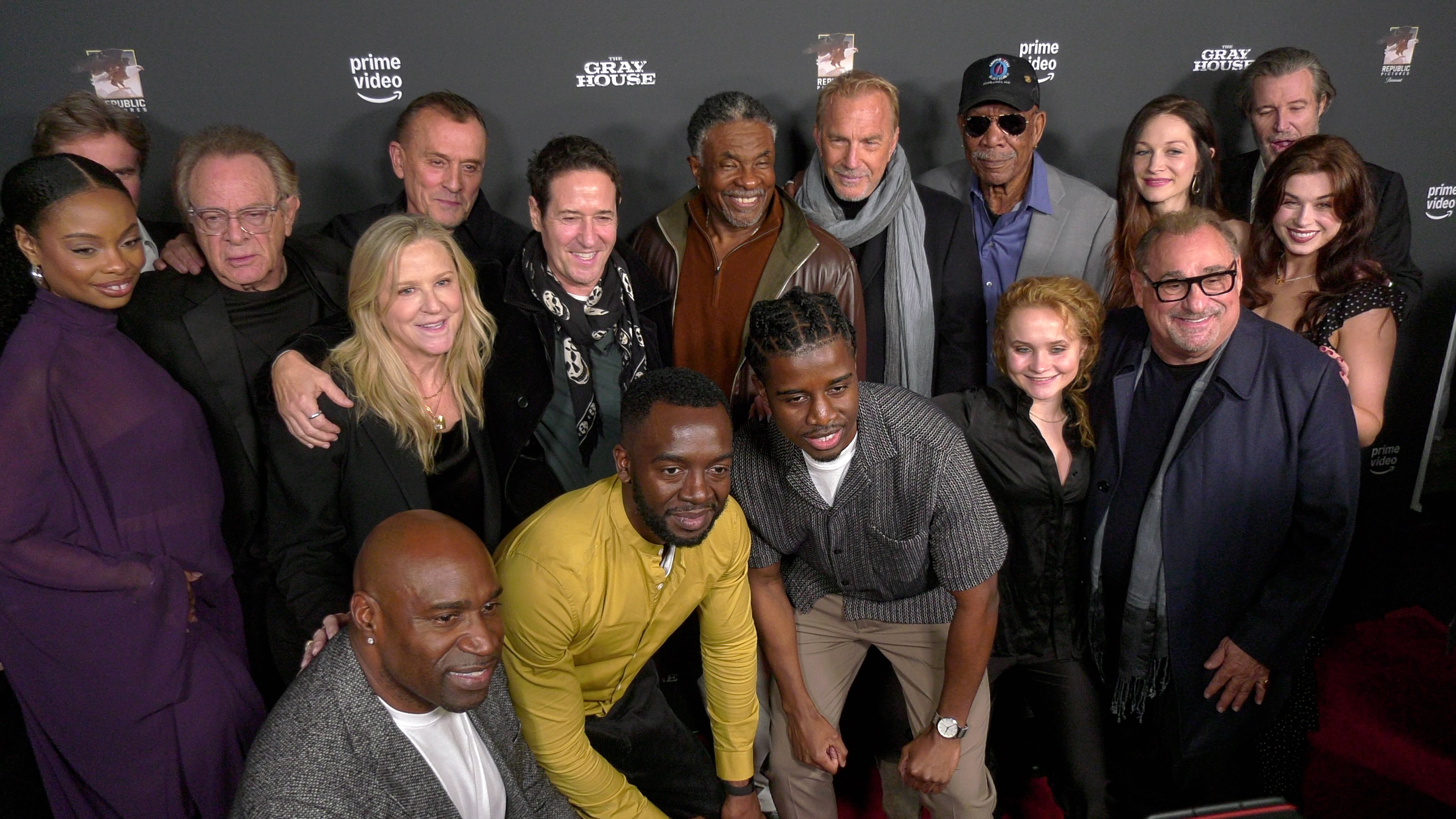 The cast of "The Gray House" poses together on the red carpet at the ...