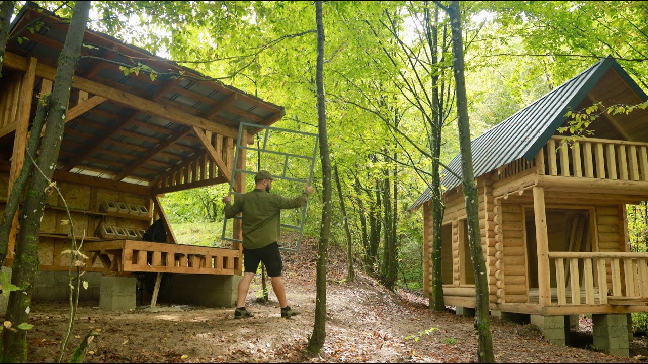 Life in the forest. Primitive machine. Bushcraft cabin