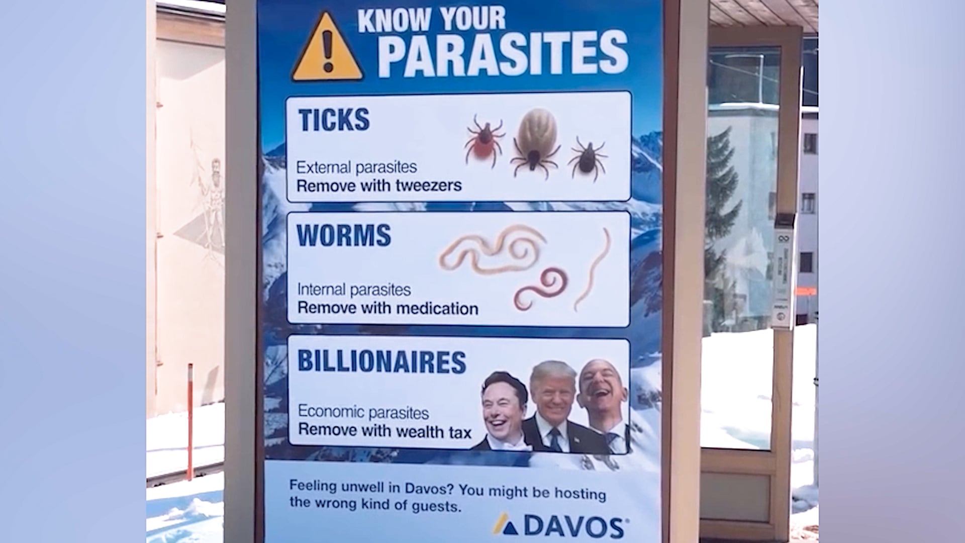 Billboards calling Trump and Musk economic parasites installed around Davos